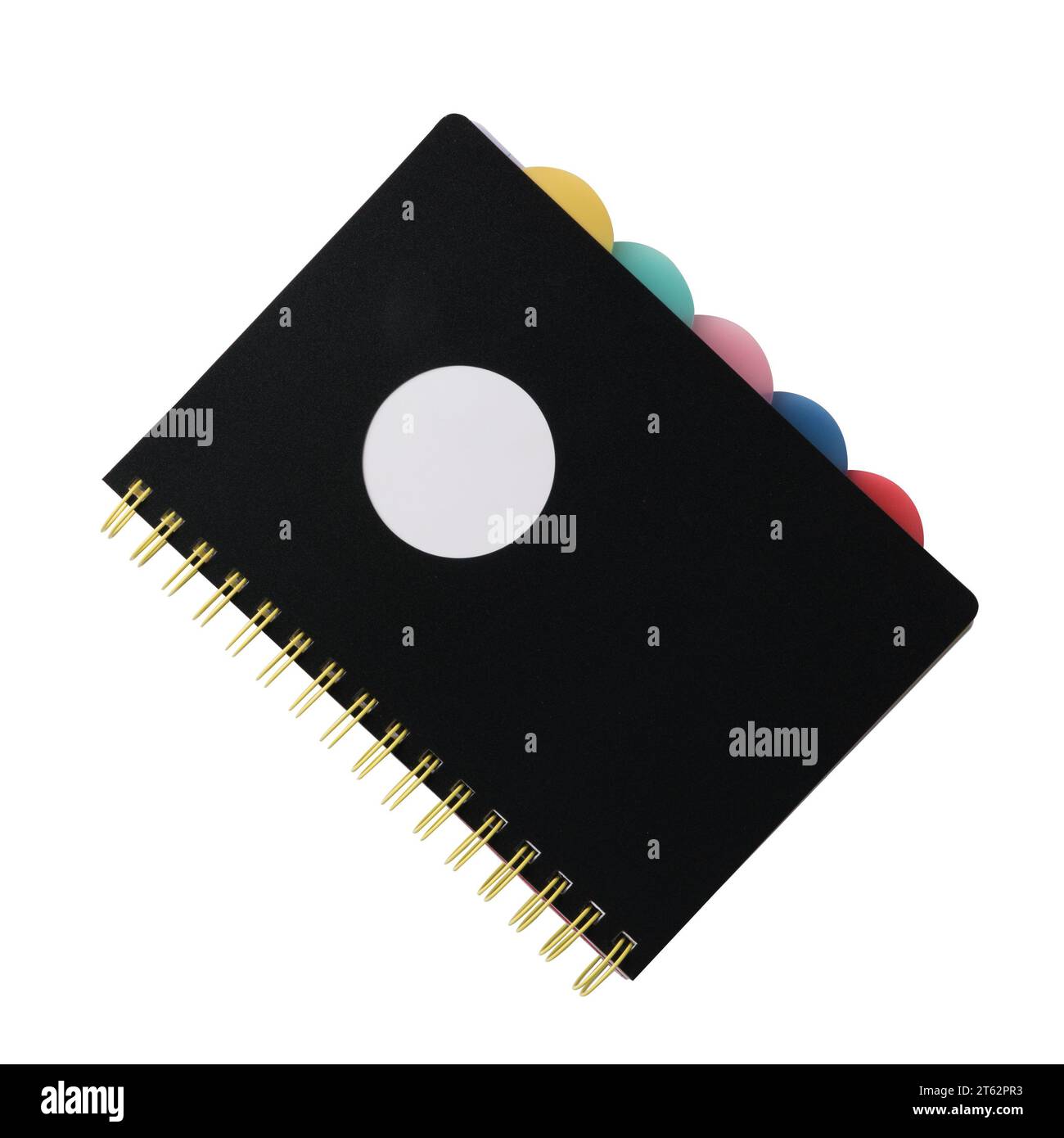 Closed paper notebook with black cover, spiral binding, and colorful ...