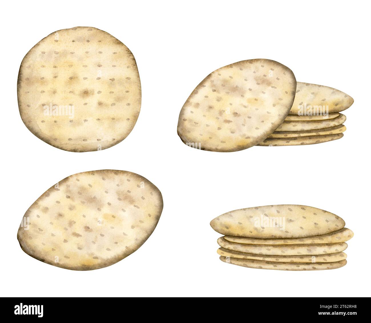 Passover round matzah watercolor illustration set isolated on white ...