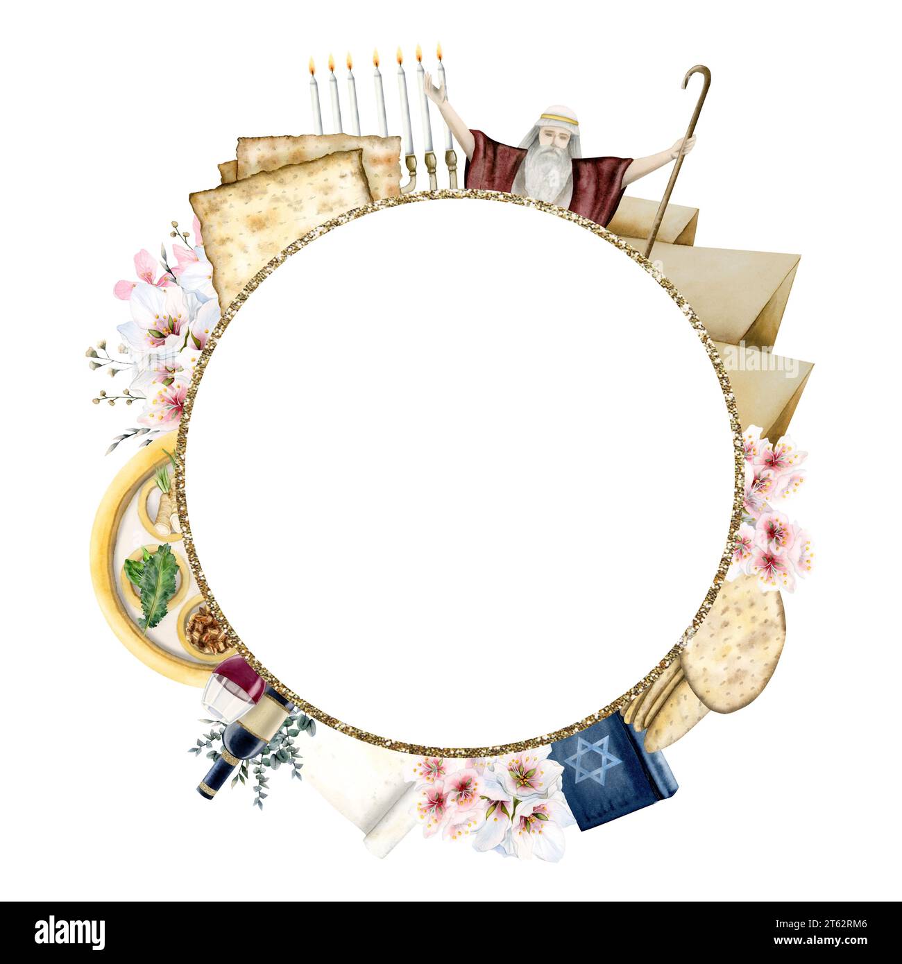 Passover round frame with Jewish holiday symbols with copy space for ...