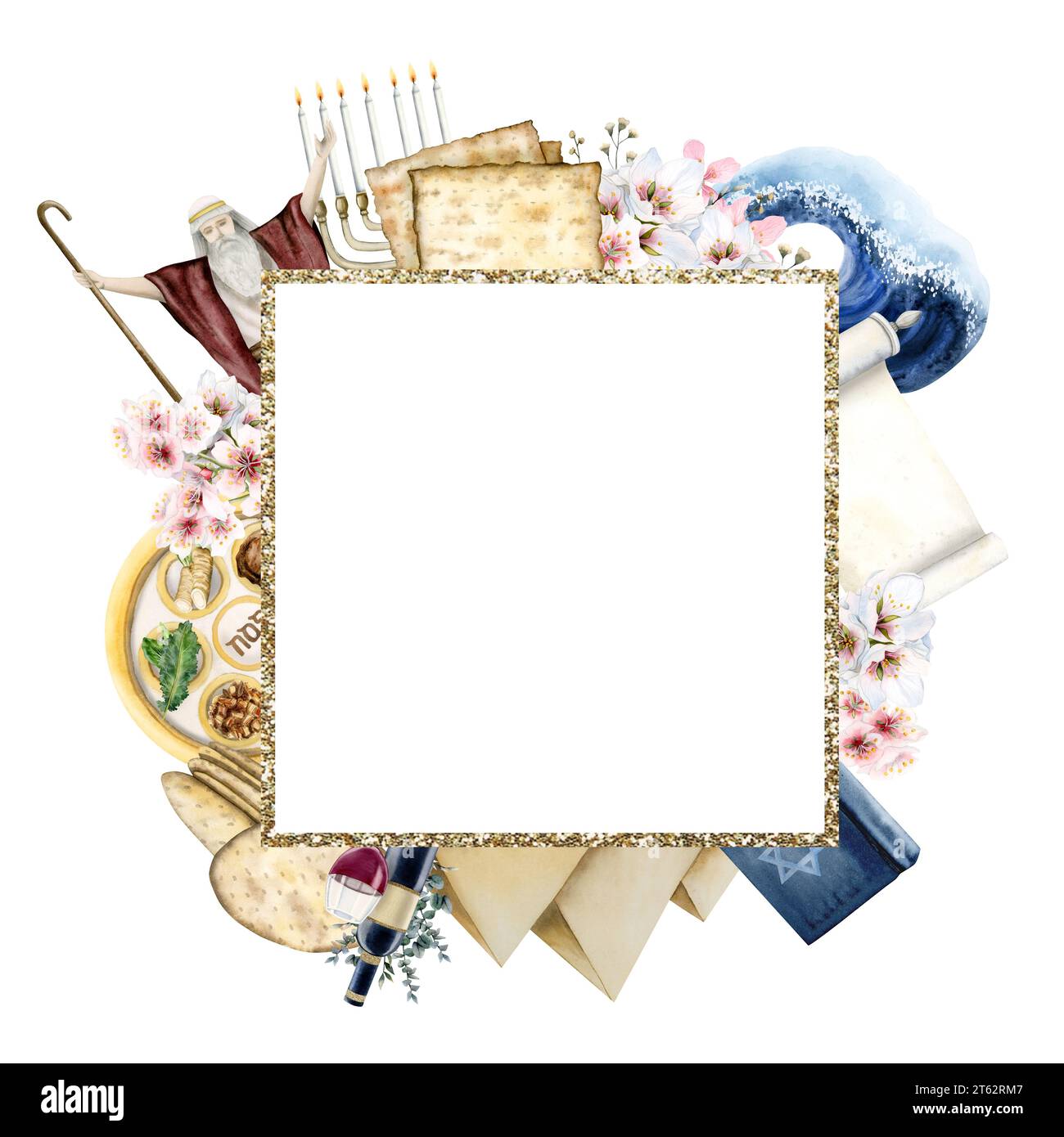 Square Passover frame with Jewish holiday symbols watercolor ...