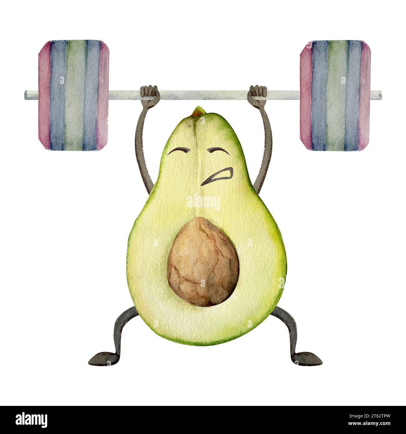Hand drawn watercolor cute avocado character doing exercise with ...