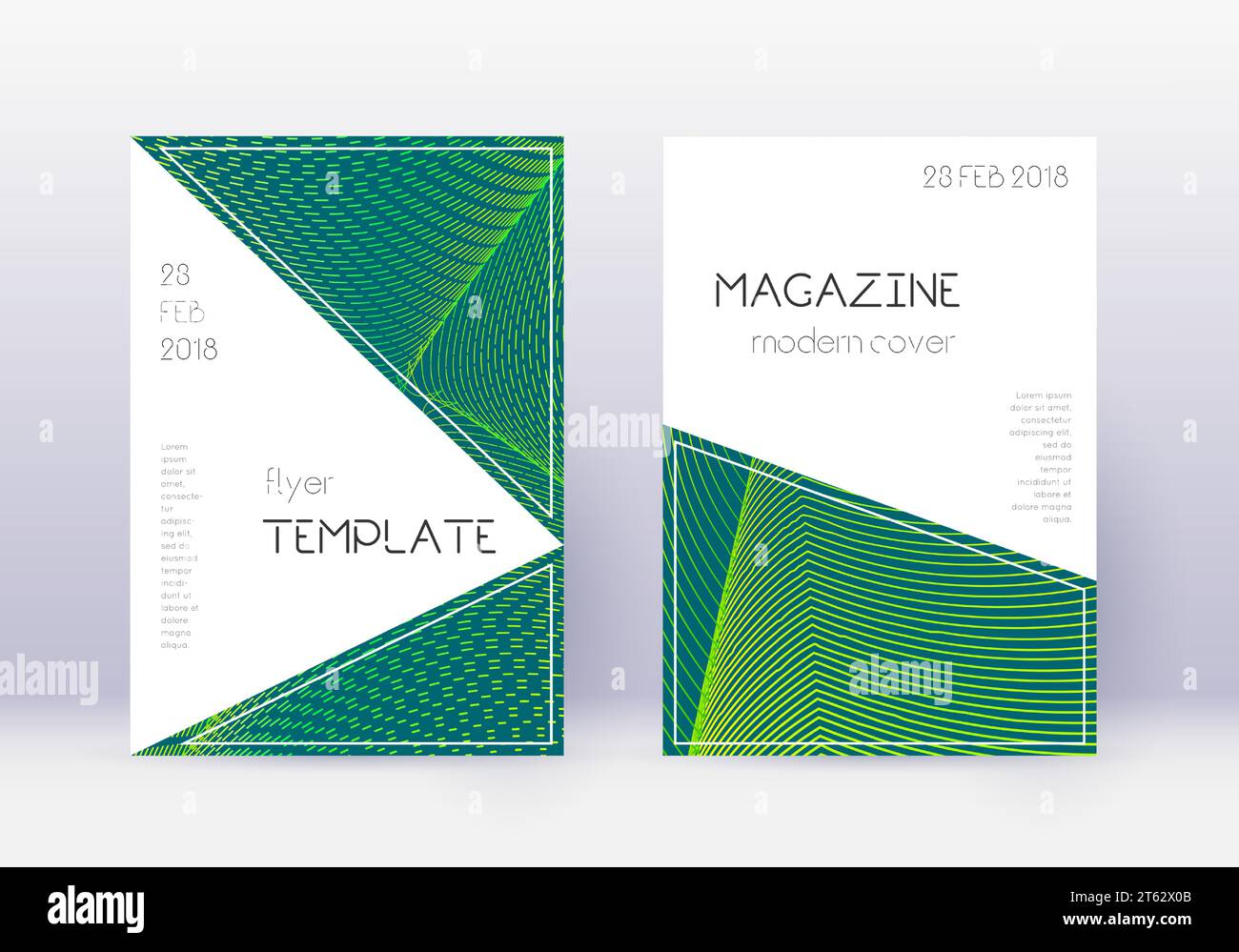 Triangle cover design template set. Green abstract lines on dark ...