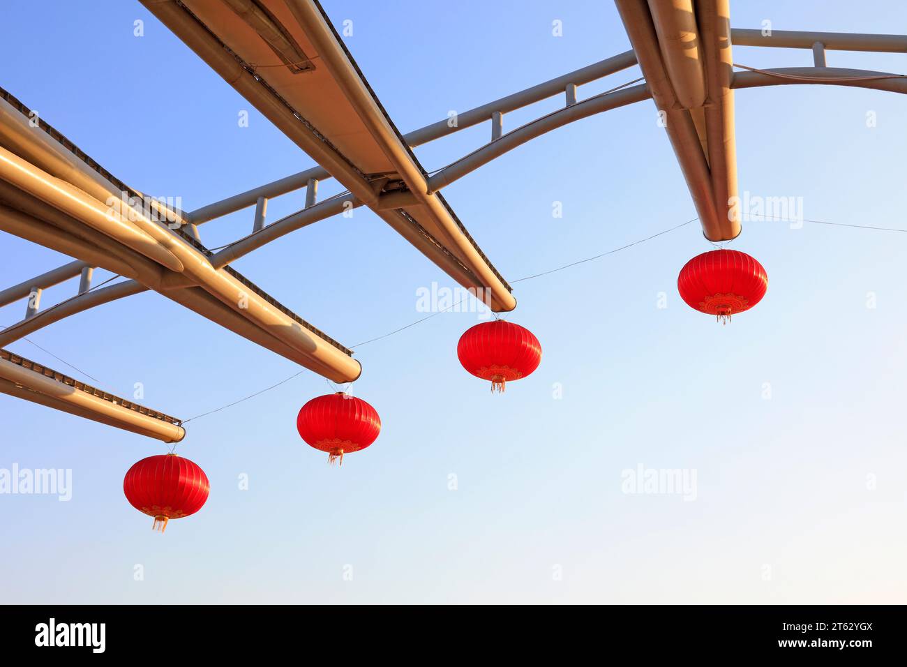 Red lanterns on steel beams Stock Photo - Alamy