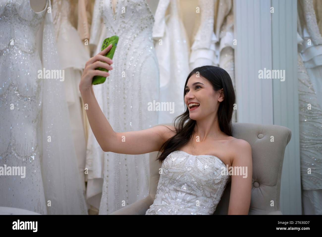 The bride selfie at wedding studio. Lifestyle and wedding concept Stock ...