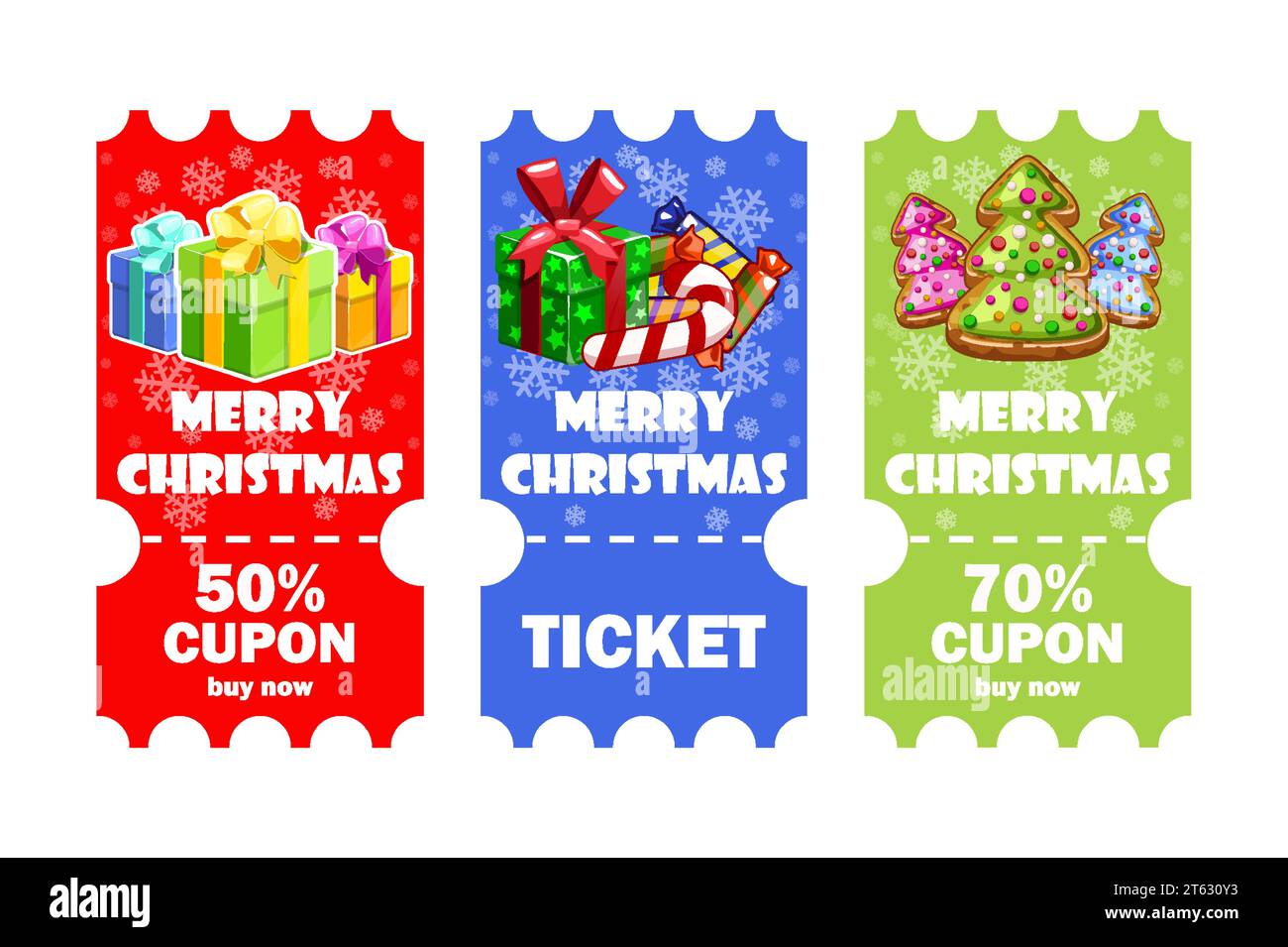 Voucher set Merry Christmas gift in cartoon style. Vector ticket or the ...