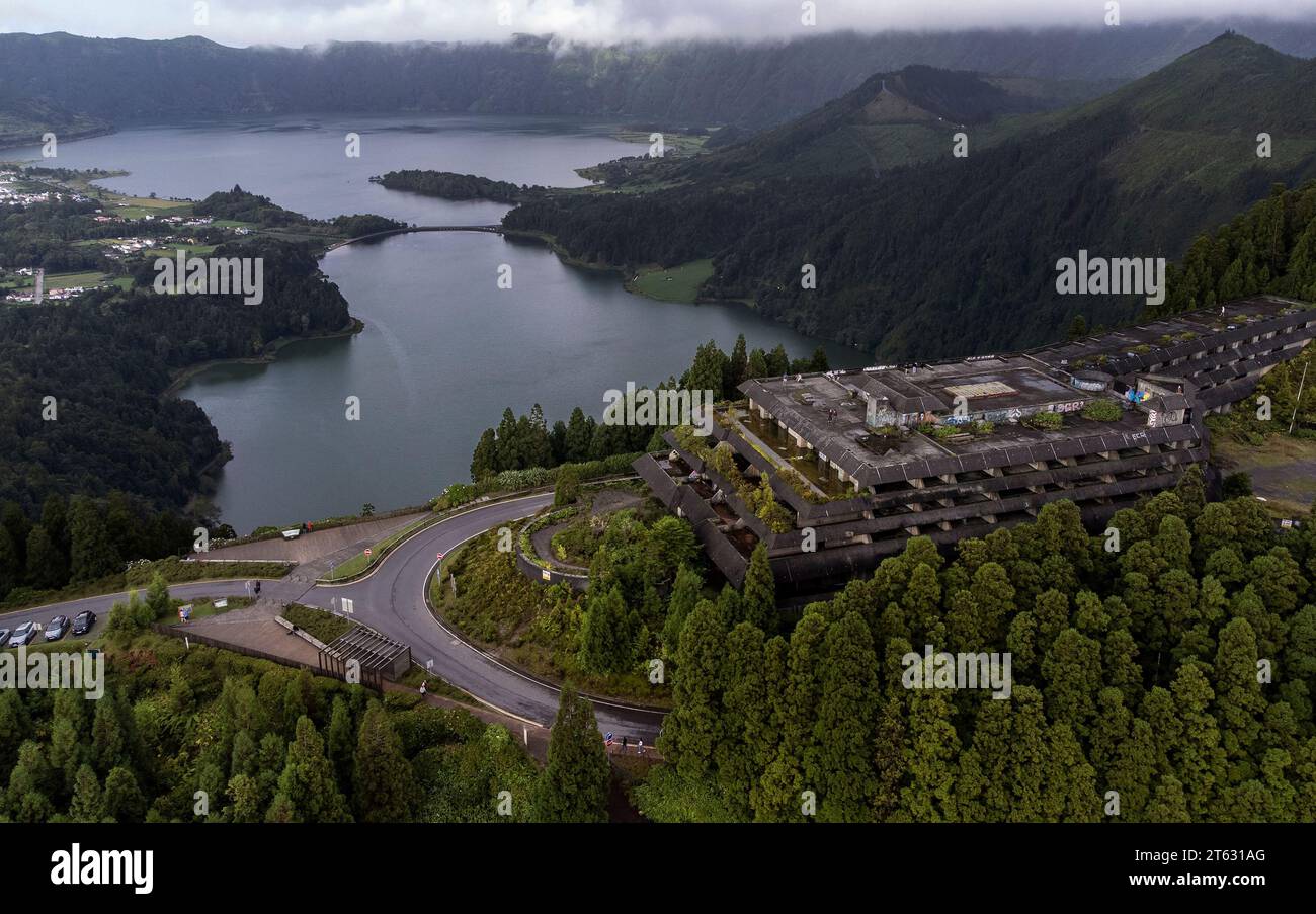Aerial view of Monte Palace hotel ruins, São Miquel Island, Azores ...