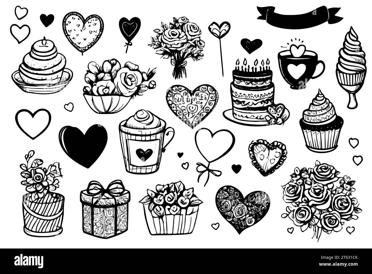 Vector illustrations with drawings for valentine's day. sketch set of ...