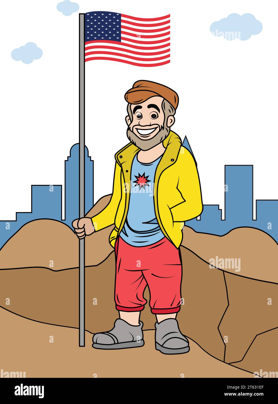 Common man standing on the mountain with flag. Vector Illustration ...