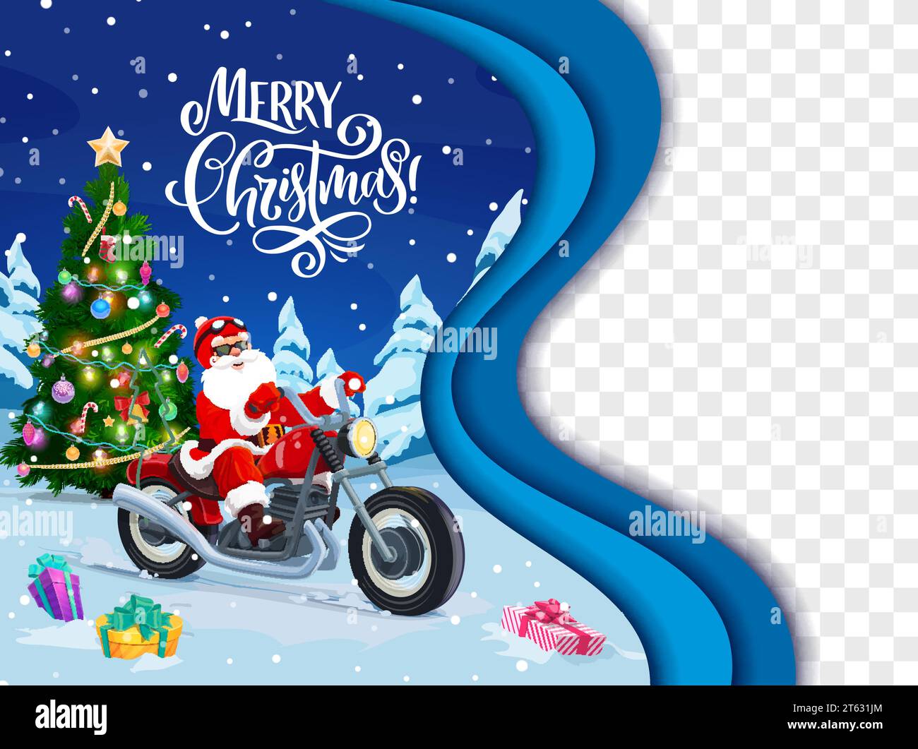 Santa on bike in winter forest. Christmas paper cut banner with free space background. Vector ...