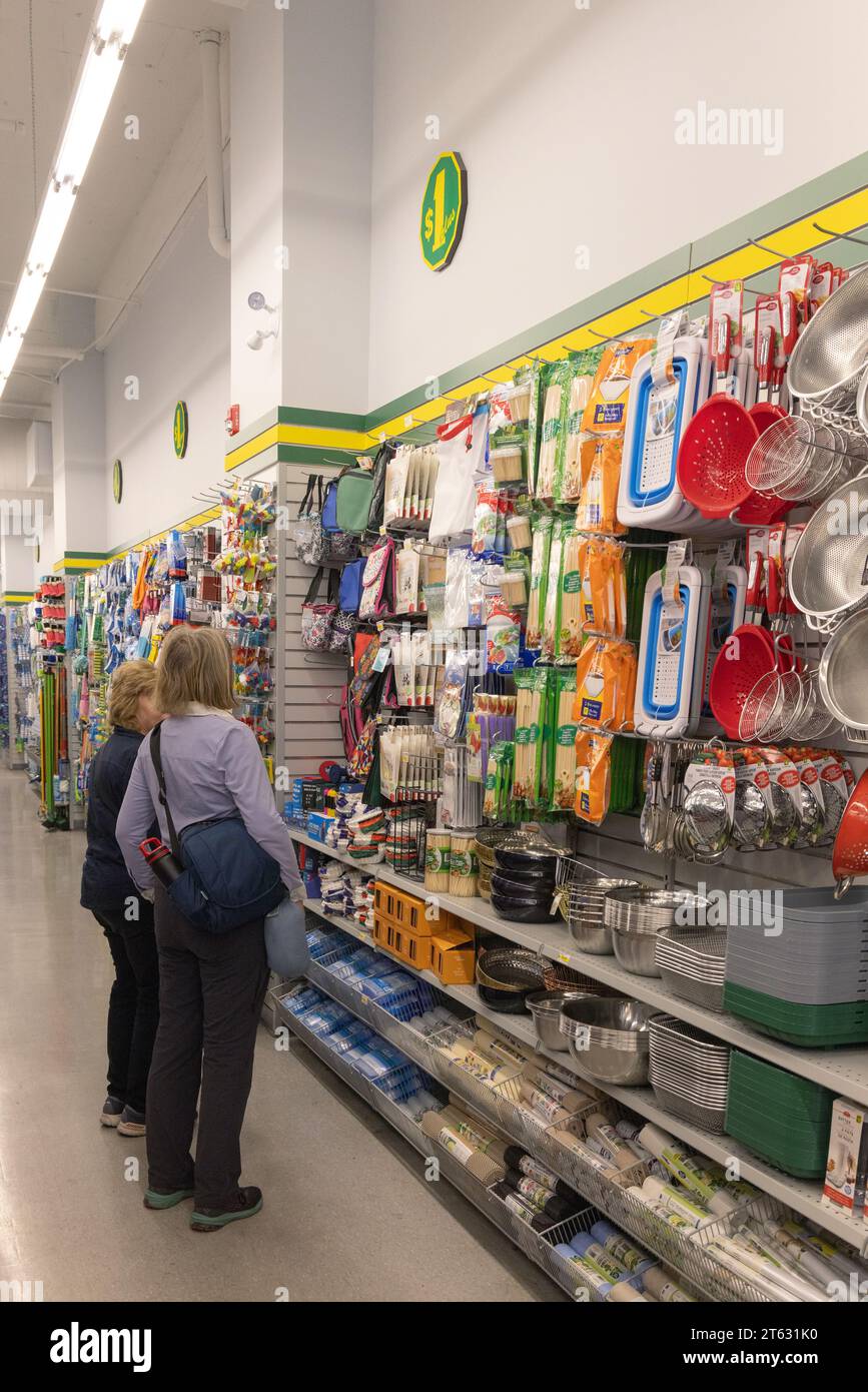 Dollarama store Canada, interior. People shopping inside a low cost ...