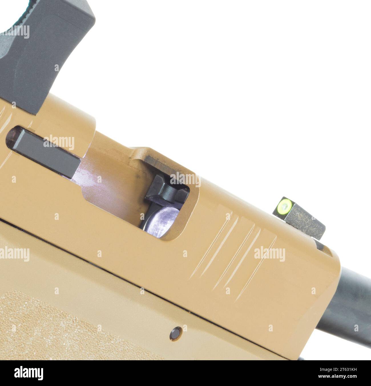 Semi-auto 9 mm pistol with its slide open showing there is no cartridge ...