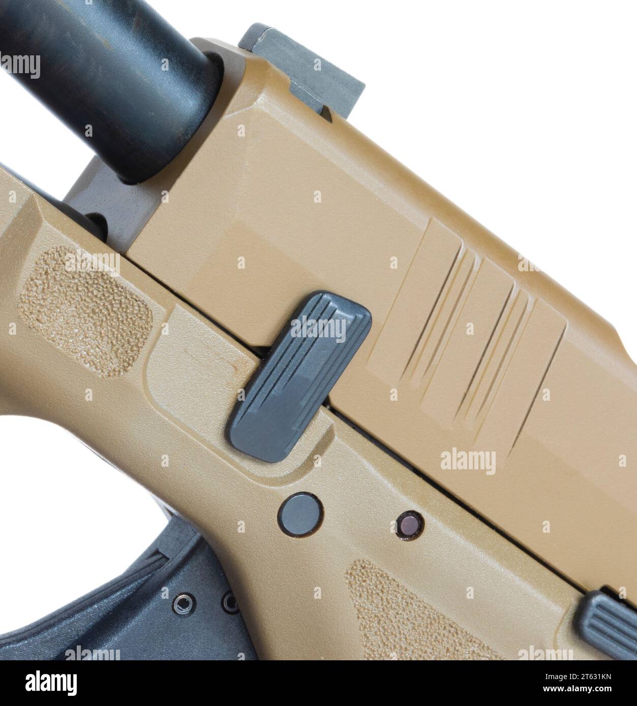 Semi-automatic pistol with its takedown lever rotated to remove the ...