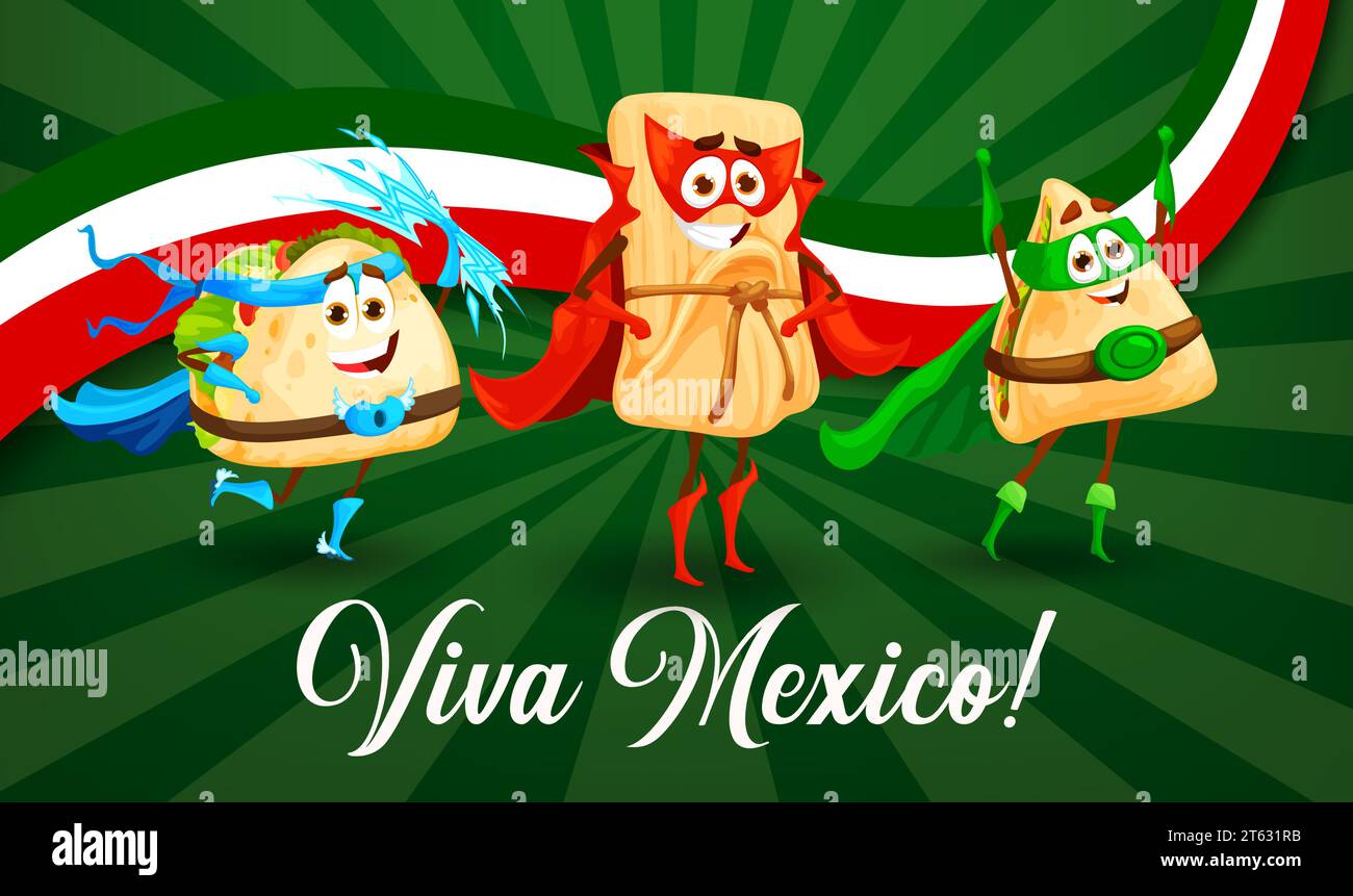 Viva Mexico banner with cartoon Tex Mex characters for Mexican holiday ...