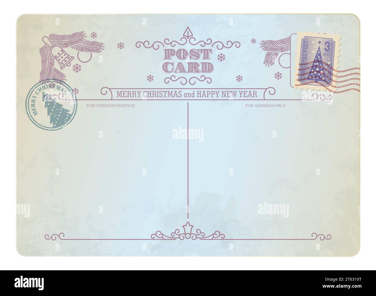 Christmas antique postcard, retro postage stamp on vintage mail. Happy ...