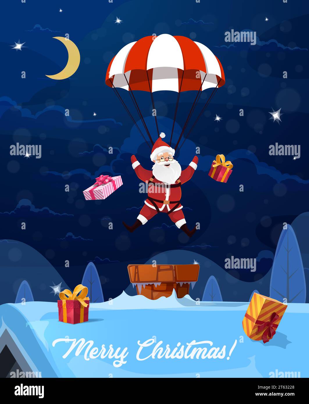 Christmas Santa descends to roof on a parachute. Vector banner with ...