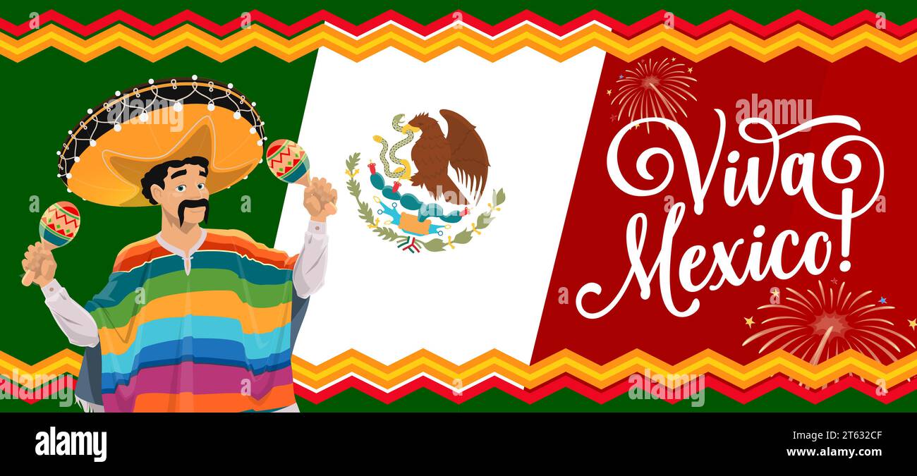 Viva mexico banner with national mexican flag and mariachi character ...