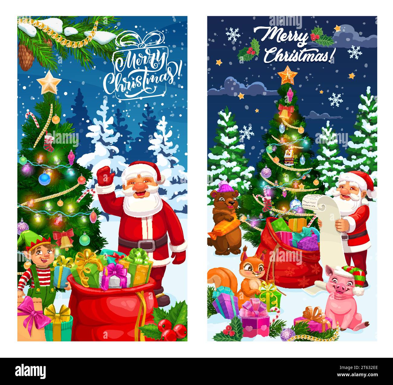 Christmas banners with Santa, presents bag and pine tree. Vector ...