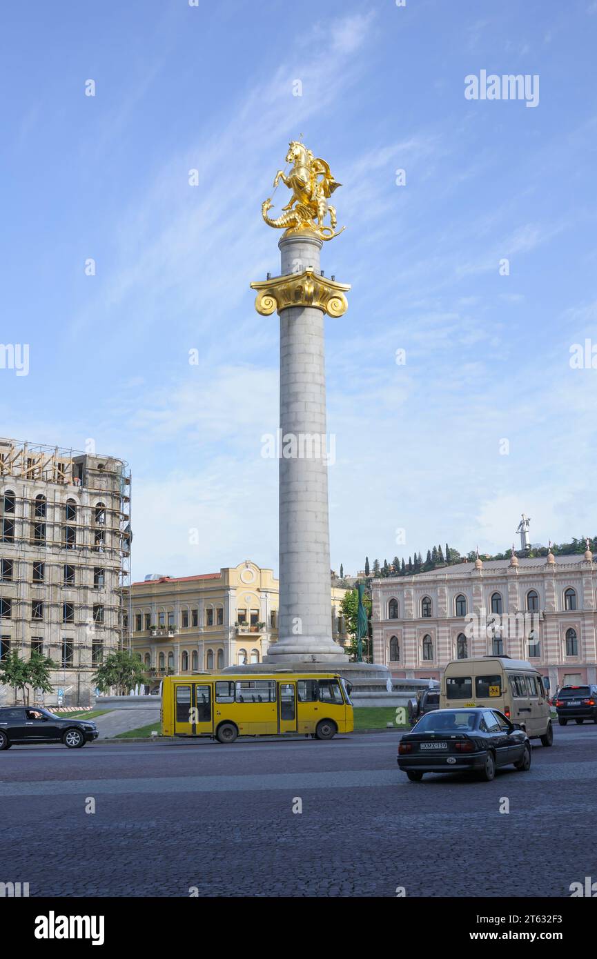 Georgia, Tbilisi, May 23rd, 2012. Monumental Liberty Square with gilded ...