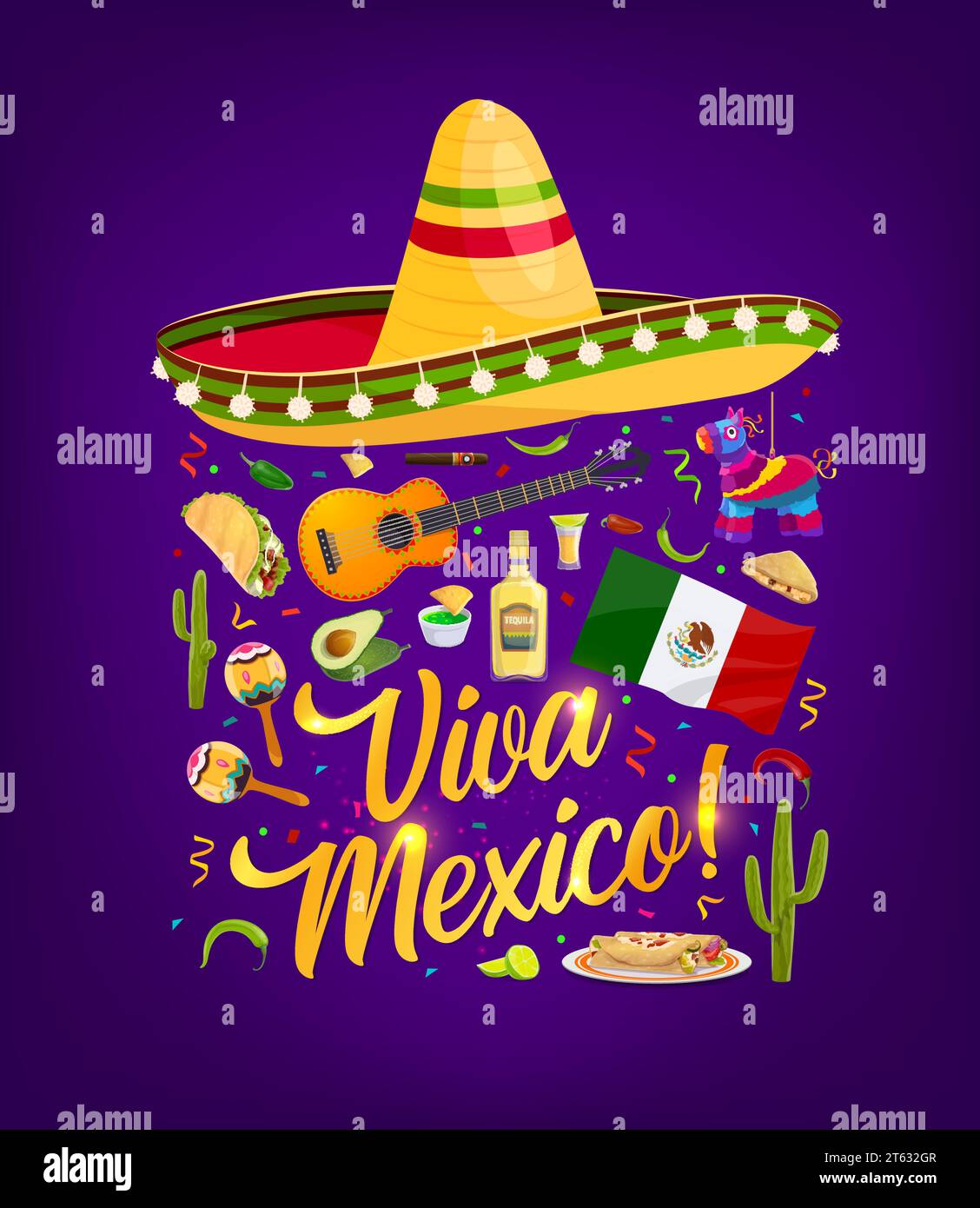 Viva Mexico banner with sombrero, Tex Mex food and flag. Latin culture ...