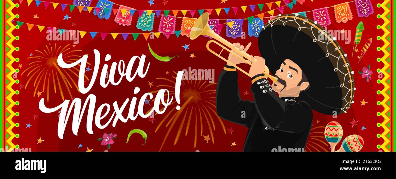 Mariachi musician on Viva Mexico, Mexican Independence day banner ...