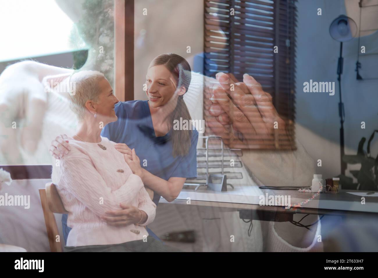 Double exposure physical therapist caregiver talking to women sick ...