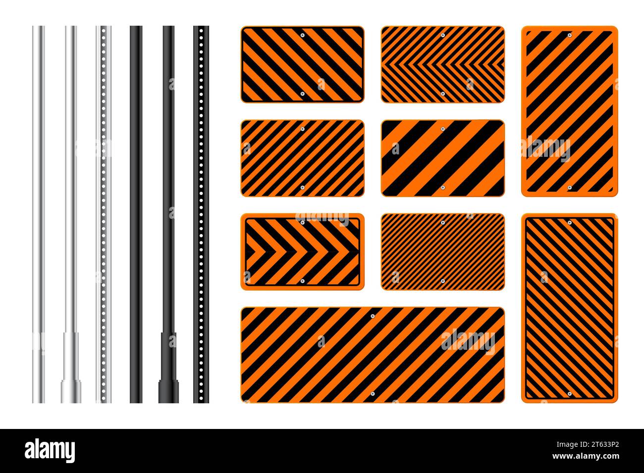 Warning, danger signs, attention banners with metal poles. Orange ...