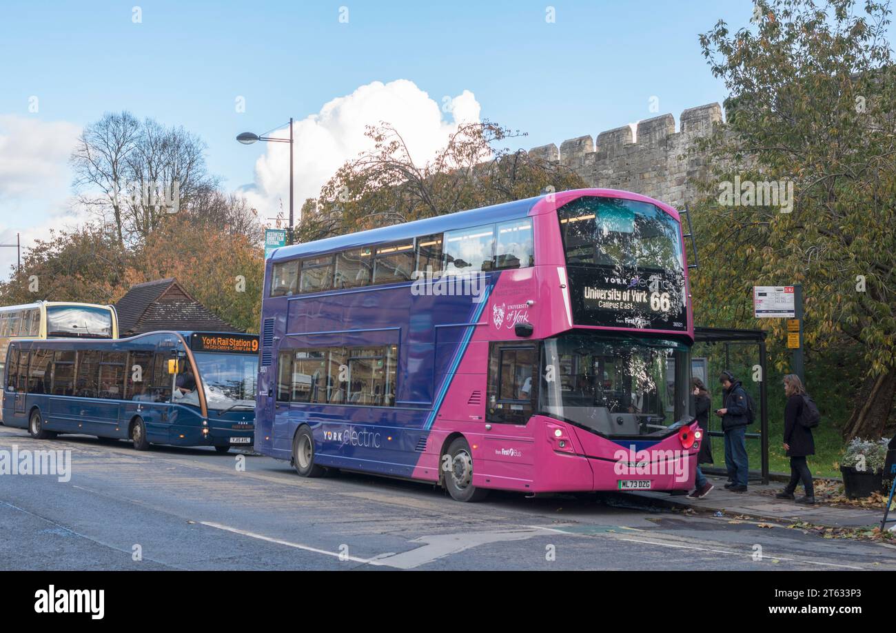 Electric double decker bus operated by First bus in York city, England ...