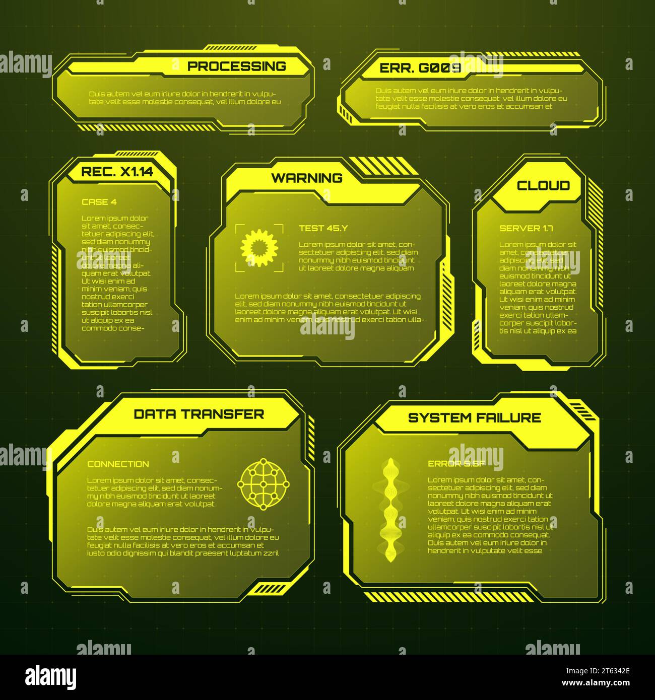 Yellow futuristic HUD, UI elements. Sci-fi user interface text boxes, callouts. Warning message ...