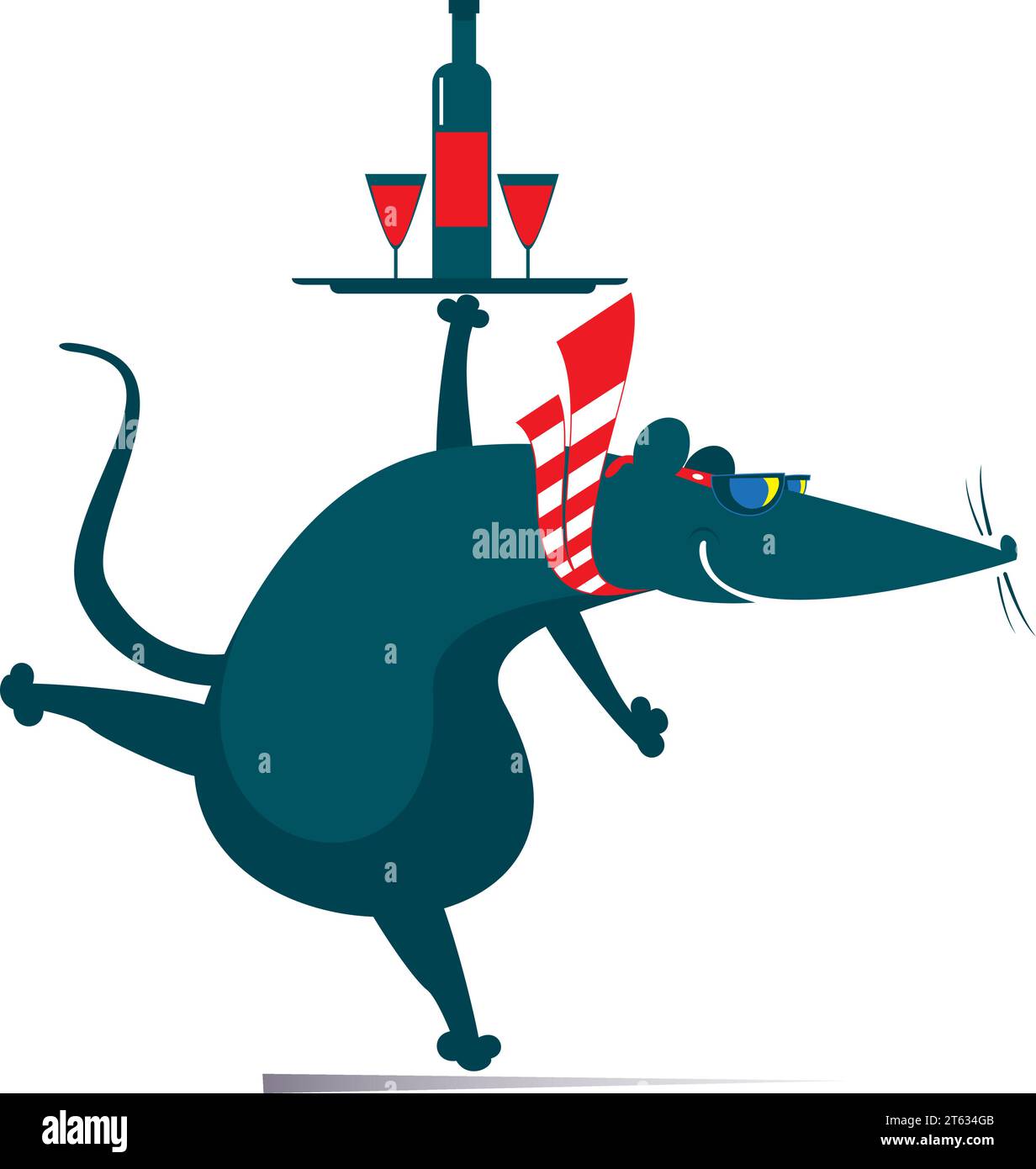 Cute rat or mouse holds a tray with a bottle and glasses. Cartoon rat ...