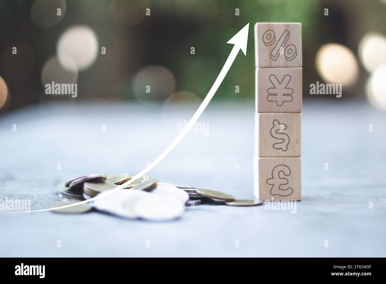 Shining rise up arrow on wooden cube blocks with percentage icon on ...