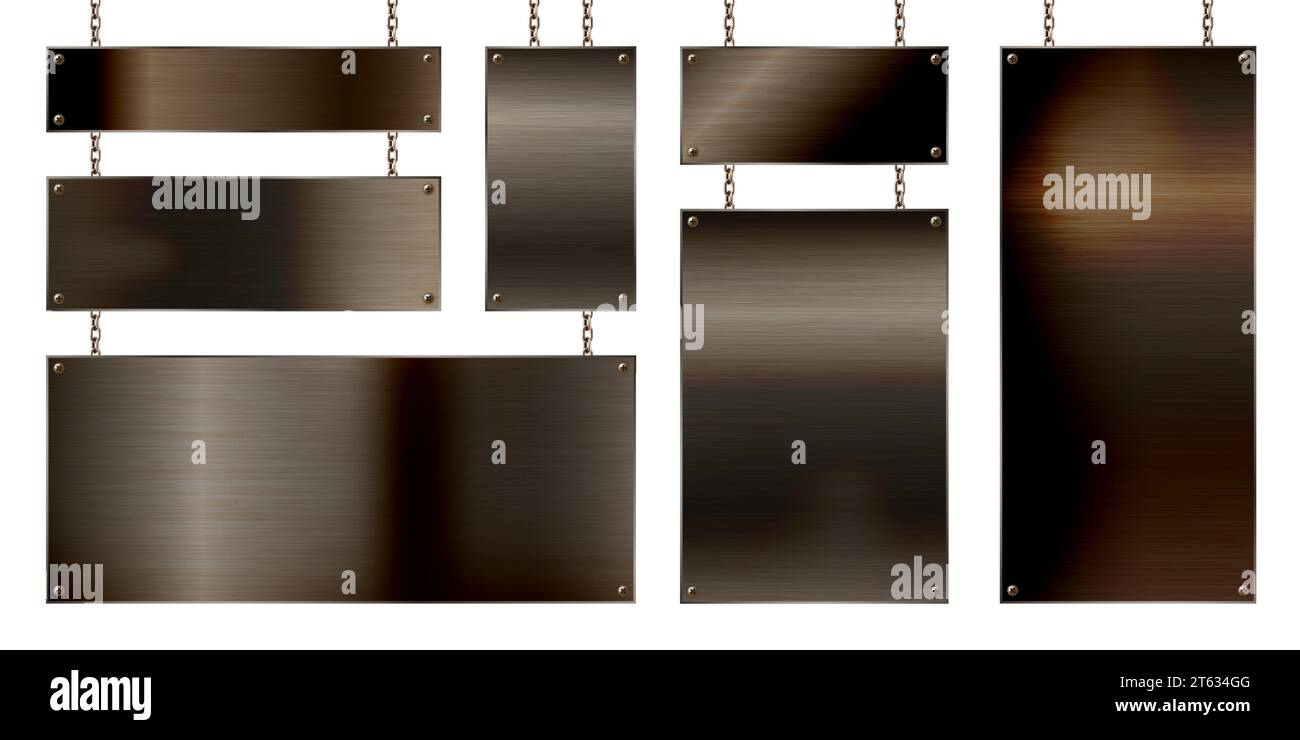 Metal banners hanging on a chain. Realistic shiny steel plate with ...