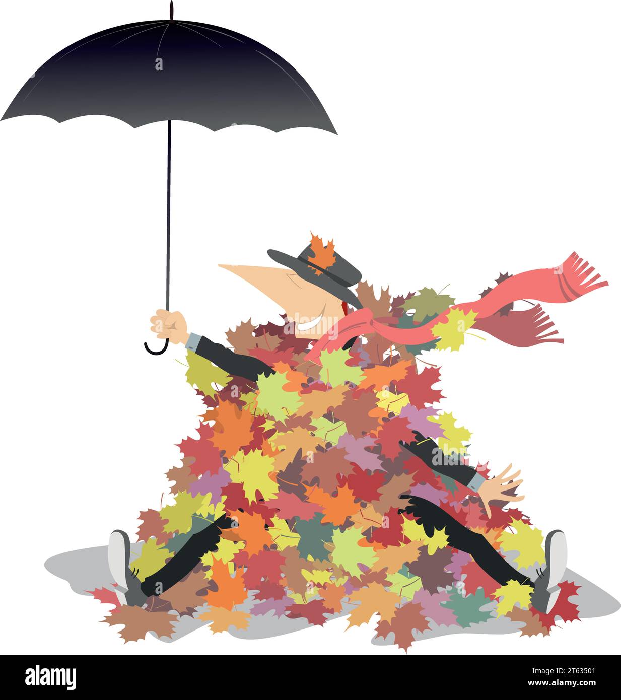 Man, umbrella and pile of autumn leaves. Man with umbrella sitting in ...