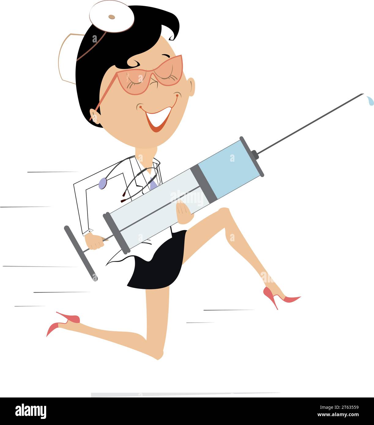 Smiling doctor woman with a big syringe runs to render the medical aid ...