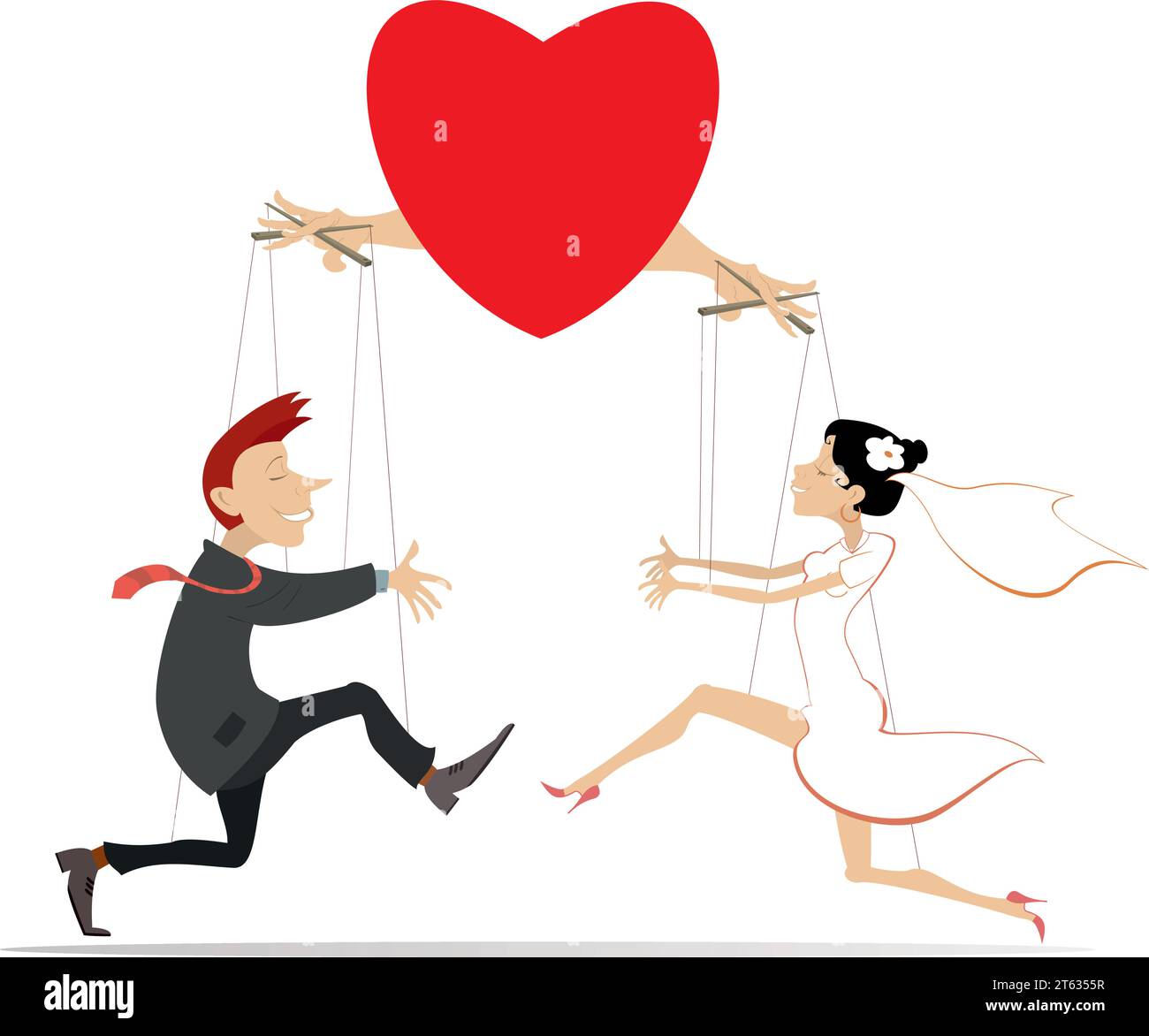 Happy married wedding couple like puppets. Heart shaped master controls ...