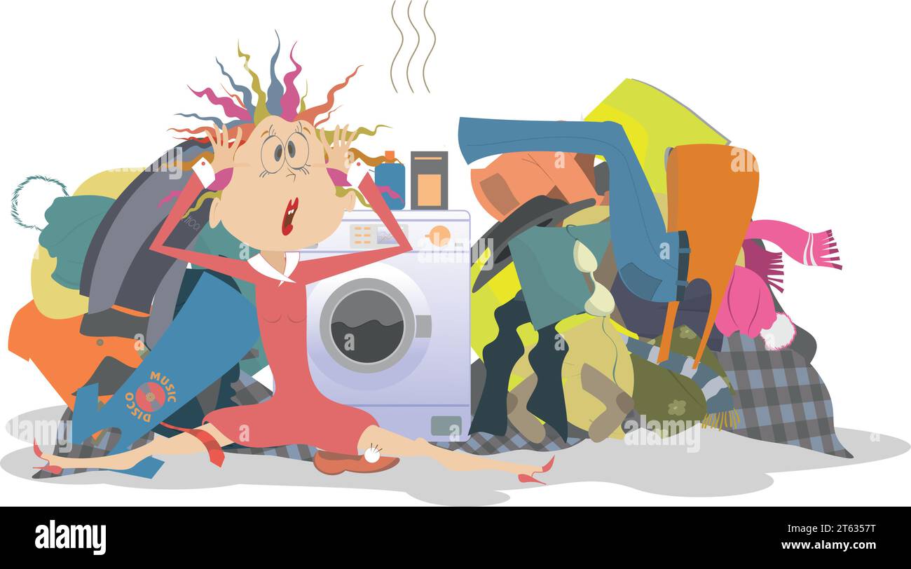 Young woman, dirty laundry and washing machine. Cartoon young woman ...
