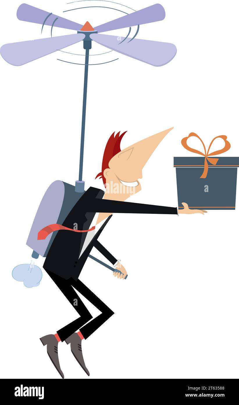 Flying man holding a gift box. Happy smiling man with a present box ...