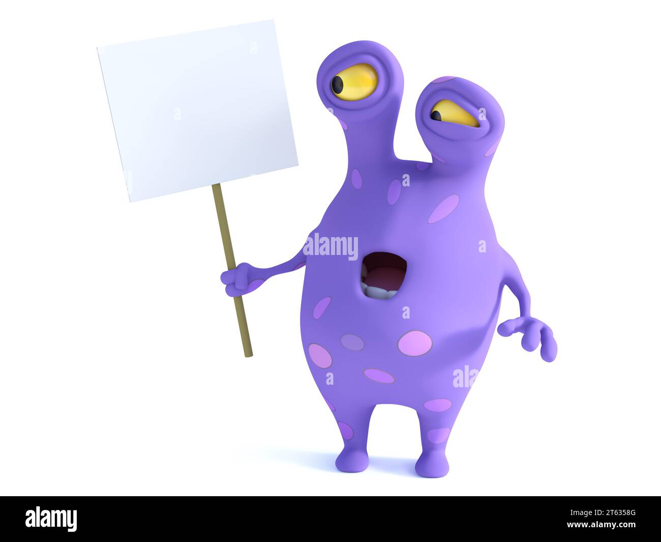 A cute charming cartoon monster holding a blank sign and looking ...