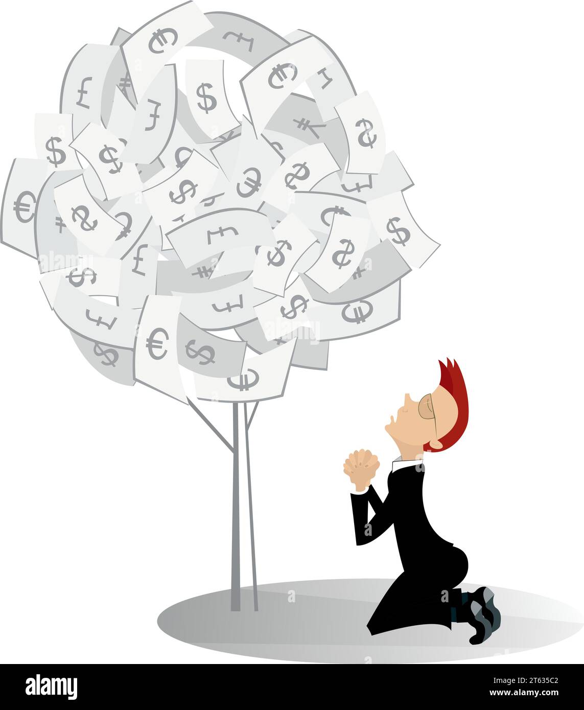 Man worshiping money tree. Businessman standing in the kneel worshiping ...