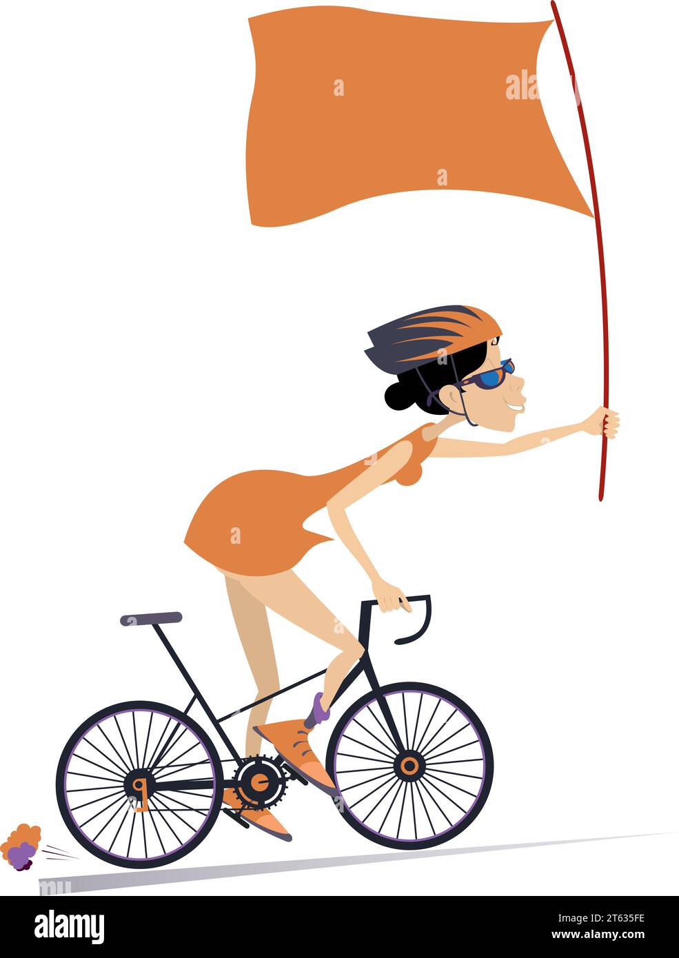 Cycling woman with flag in the hand. Smiling young woman in helmet and ...