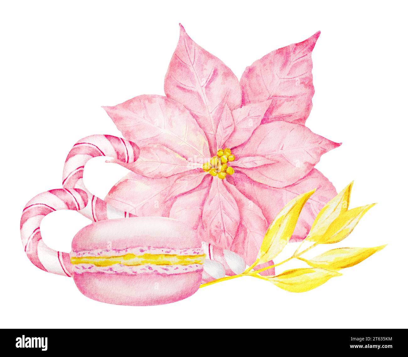 Pink poinsettia, gold branch, New Year's candy canes, macaron ...