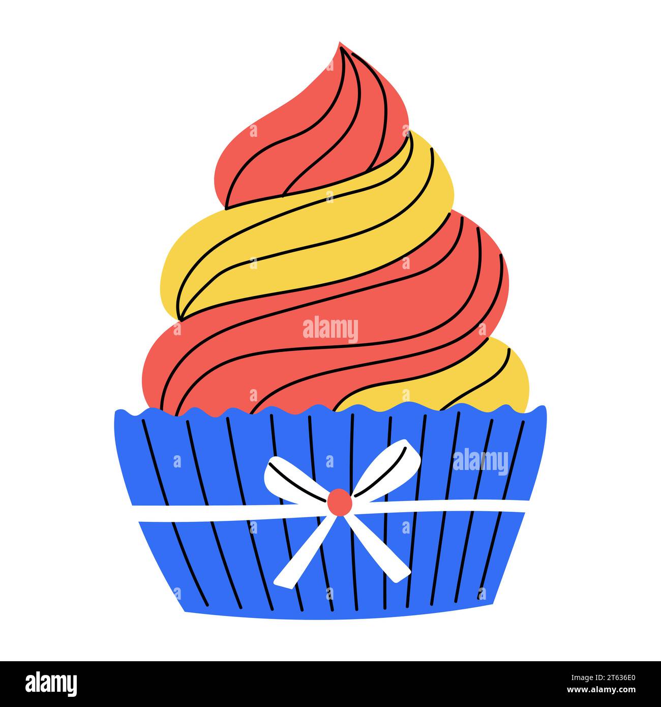 Hand drawn cupcake with cream and bow. Sweet food, dessert. Bright decorative element. Color ...