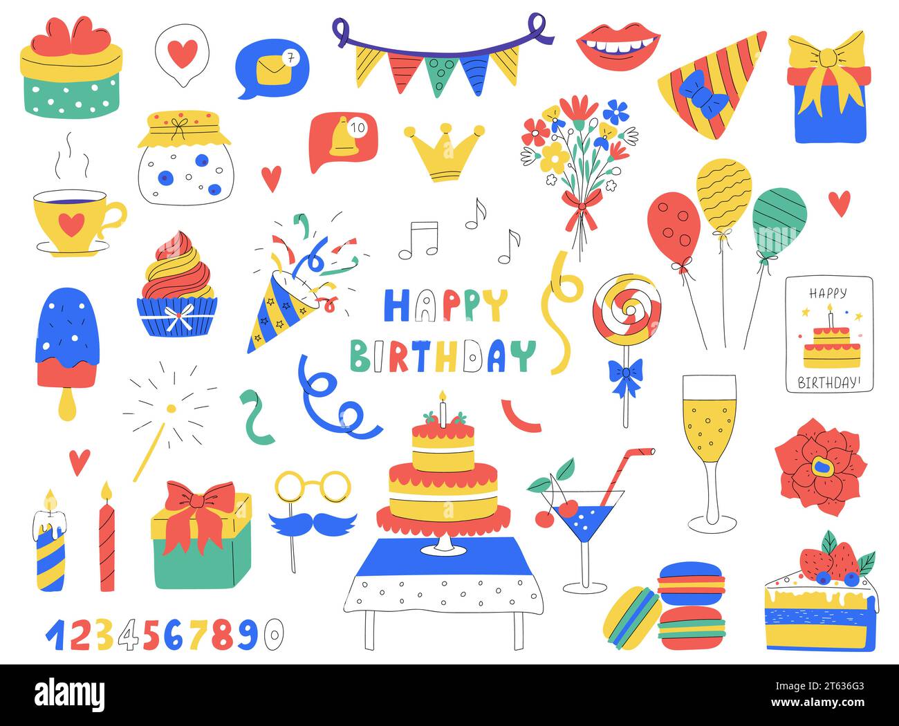 Set of festive design elements. Cake, poppers, balloons, gifts ...