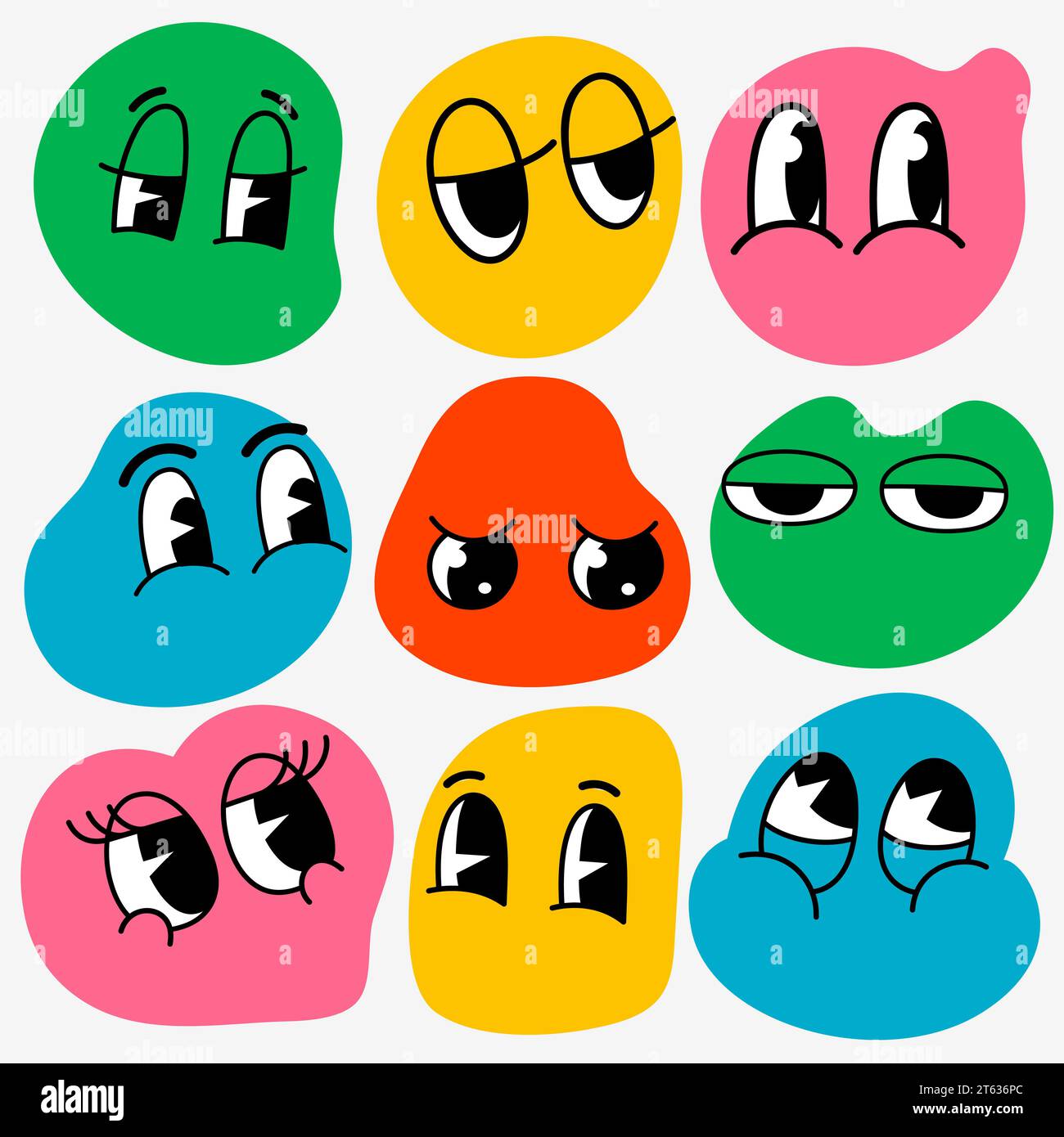 Retro cartoon organic shape funny faces. Groovy vintage 30s 60s 70s ...