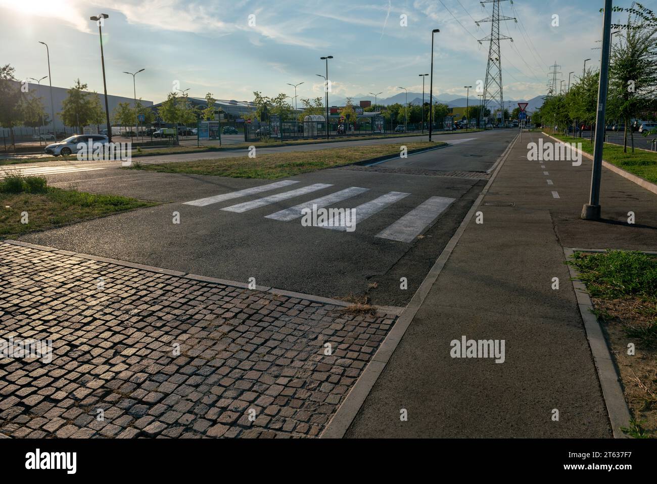 pedestrian crossing on urban streets, no vehicles, sidewalks and ...