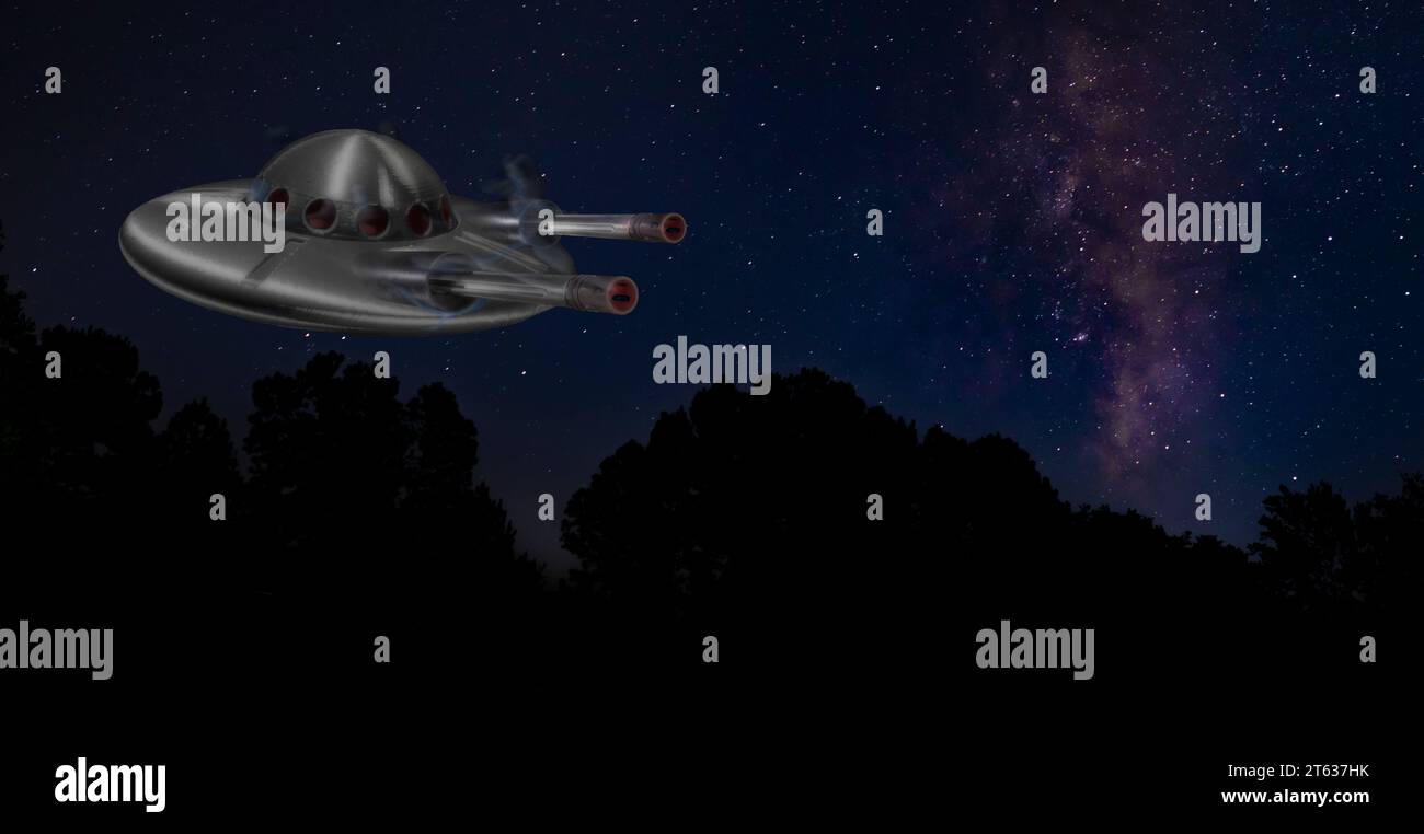 UFO over a dark forest at night with two guns and the Milky Way is ...