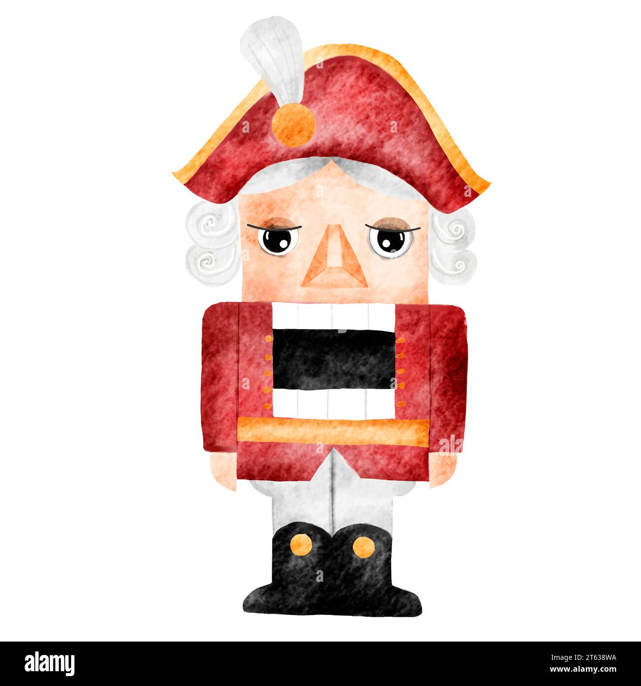 Watercolor drawing of a nutcracker in a red uniform. Isolate on a white ...