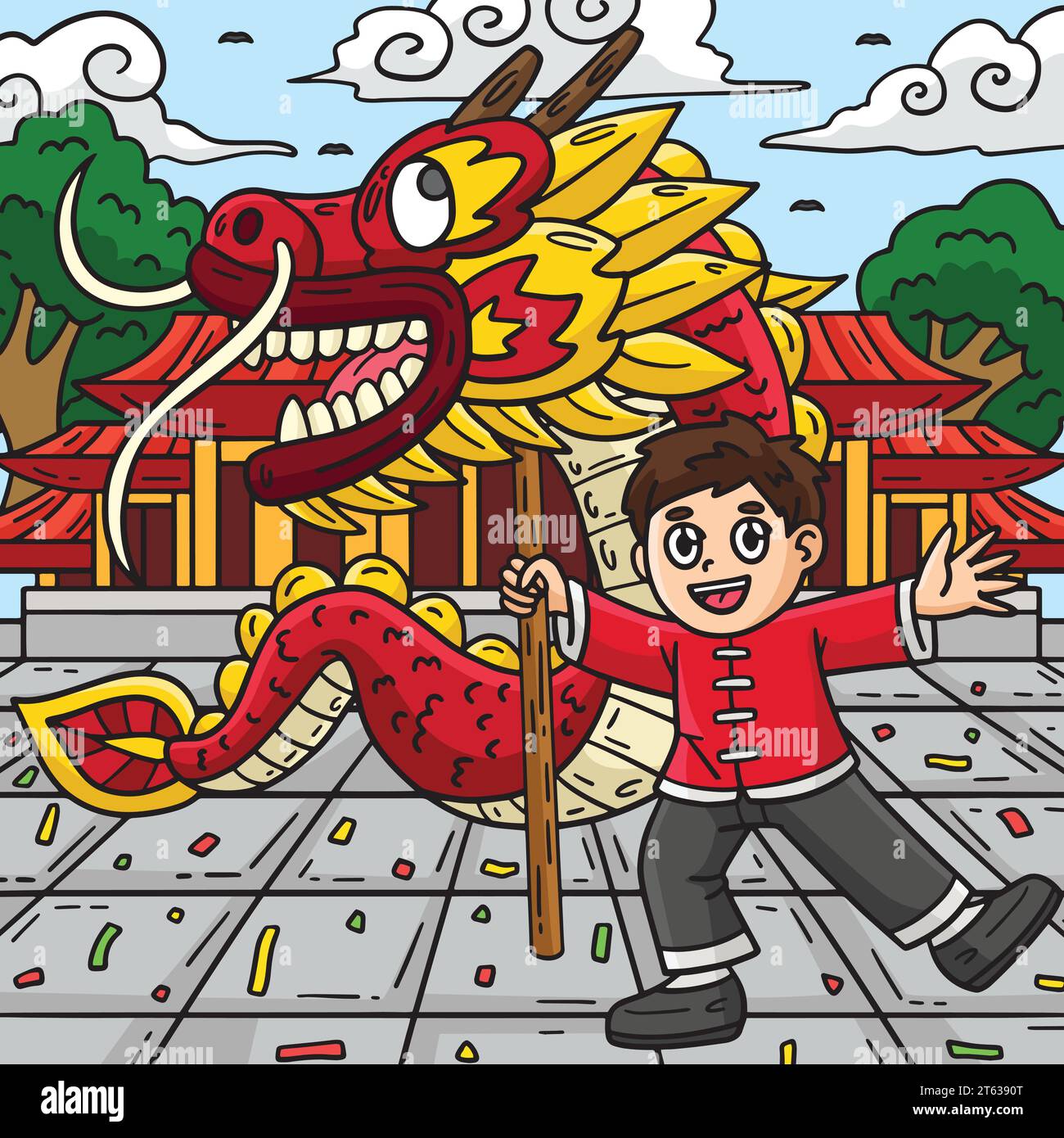 Year of the Dragon Dragon Dance Colored Cartoon Stock Vector Image ...