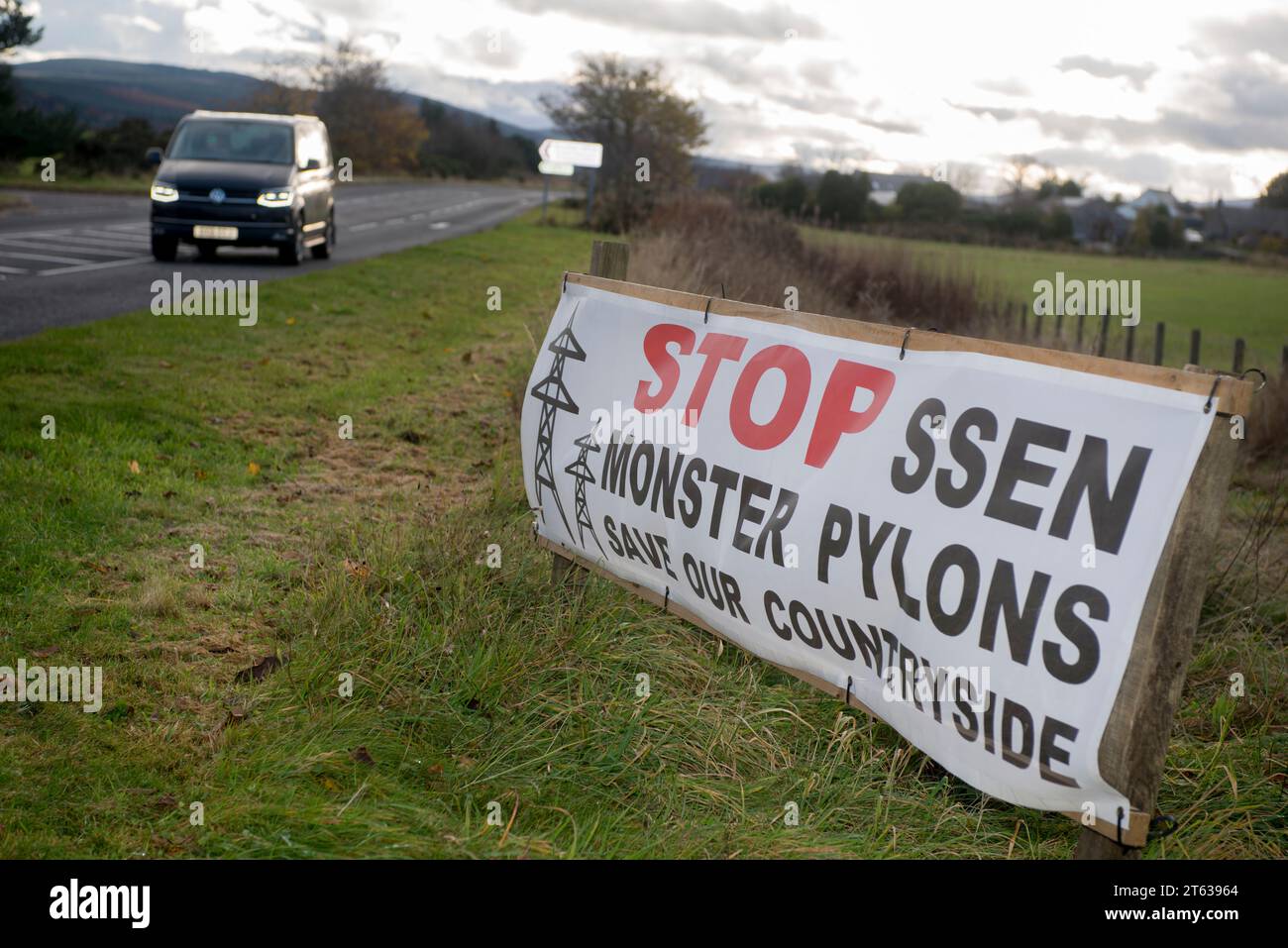 Anti pylon Banner by the roadside in Drum village Aberdeenshire, near ...