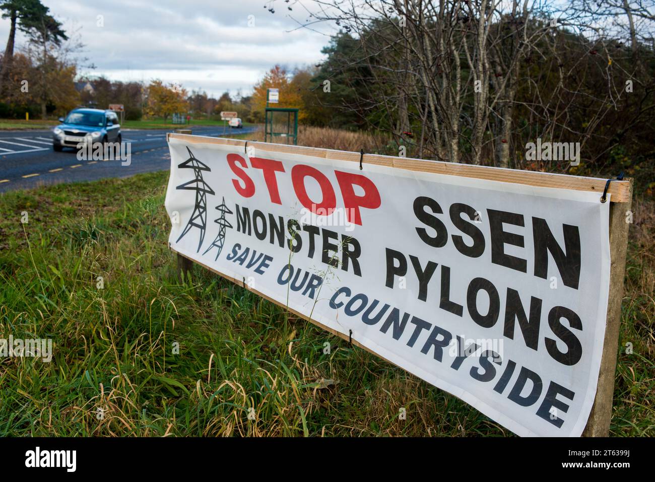 Anti pylon Banner by the roadside in Drum village Aberdeenshire, near ...