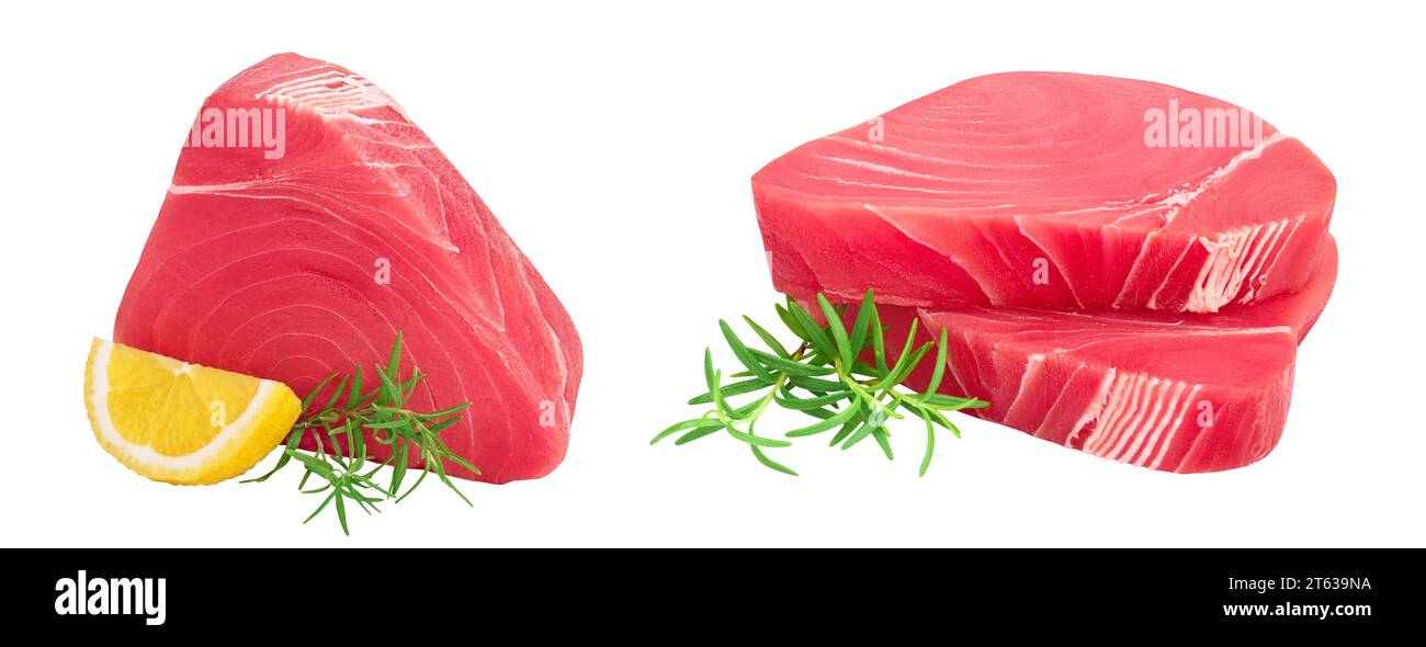 Fresh tuna fish fillet steak with rosemary and lemon isolated on white ...